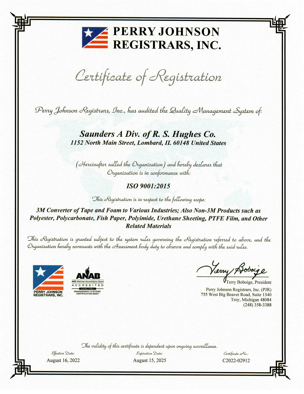 Saunders East ISO Certification - Saunders - A division of R.S. Hughes